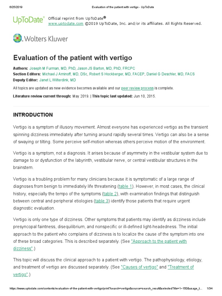Evaluation of The Patient With Vertigo - UpToDate | PDF | Vertigo ...