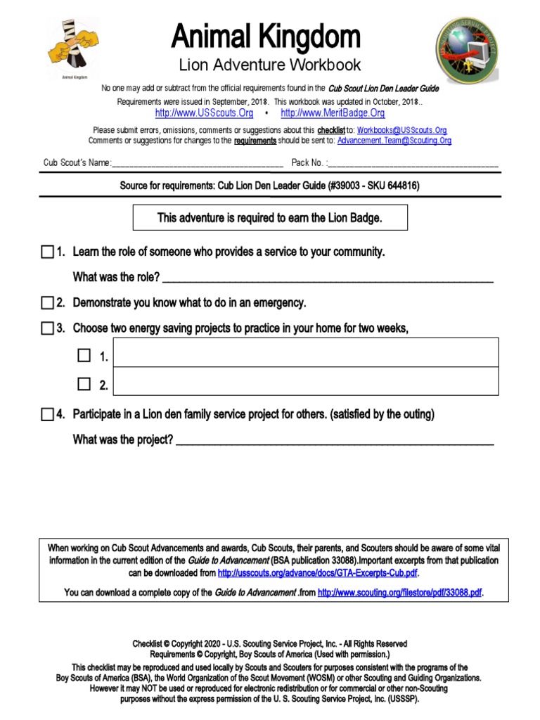 Animal Kingdom: Lion Adventure Workbook | PDF | Boy Scouts Of America ...