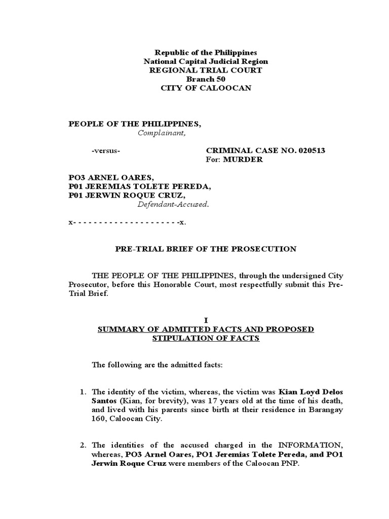 Pre-Trial Brief (Kian Delos Santos) | PDF | Torture | Prosecutor