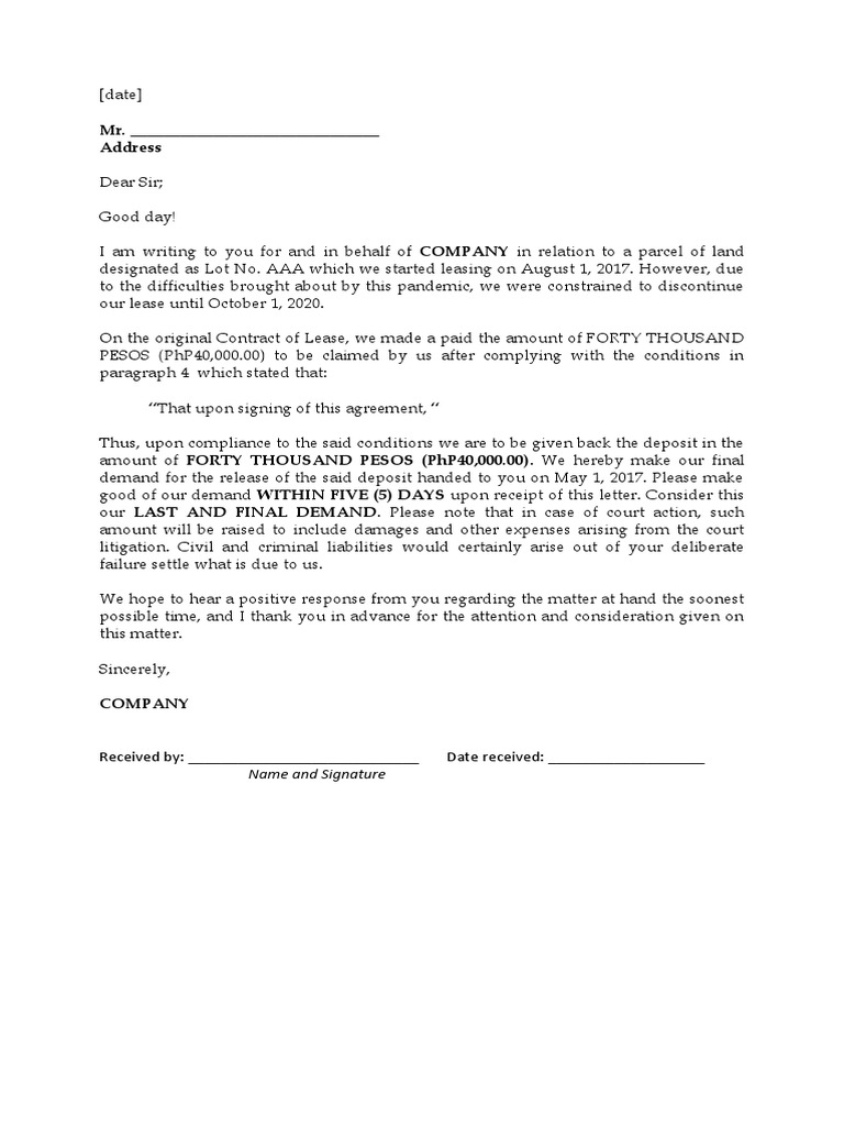 Demand Letter Sample - Deposit | PDF