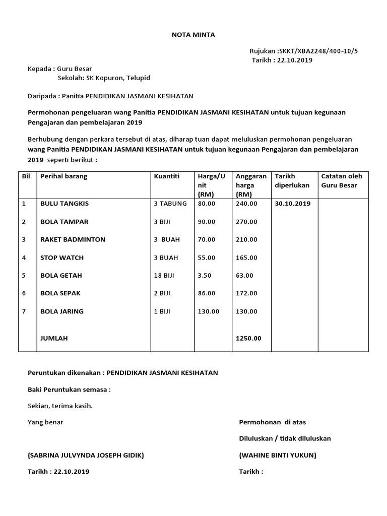 Nota Minta PJK 2019 | PDF