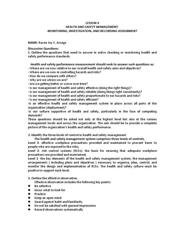 Lesson 4 Health and Safety Management-Monitoring, Investigation, and ...