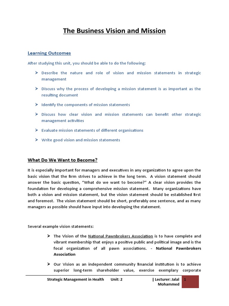 The Business Vision and Mission Learning | PDF | Strategic Management ...