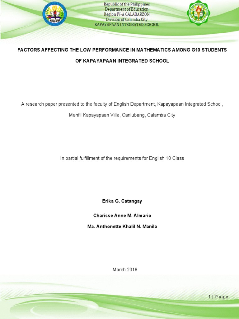 Factors Affecting The Low Performance in Mathematics Among G10 Students ...