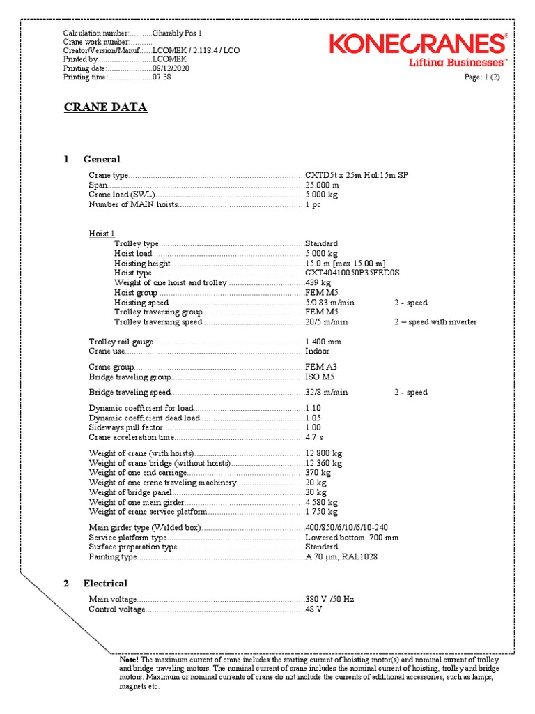 Crane Data: 1 General | PDF | Crane (Machine) | Power Supply