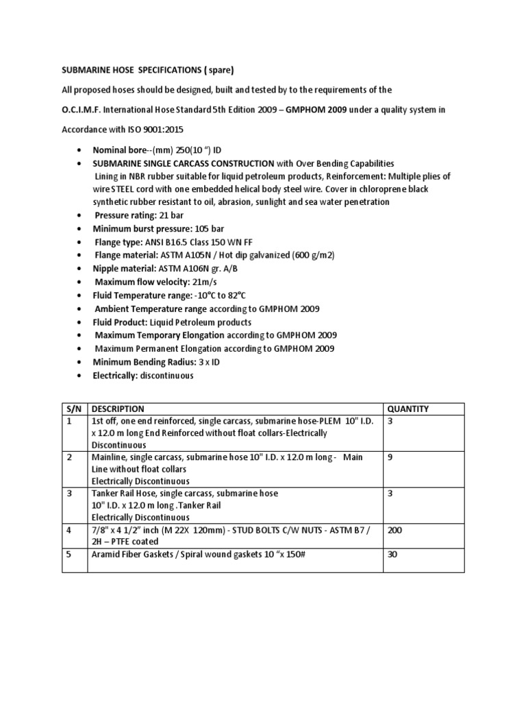 Submarine Hose Specifications | PDF