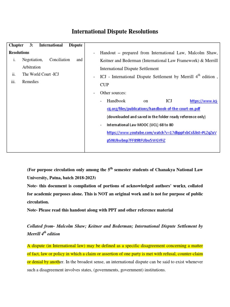 Settlement of Disputes Handout | PDF | Arbitration | Mediation