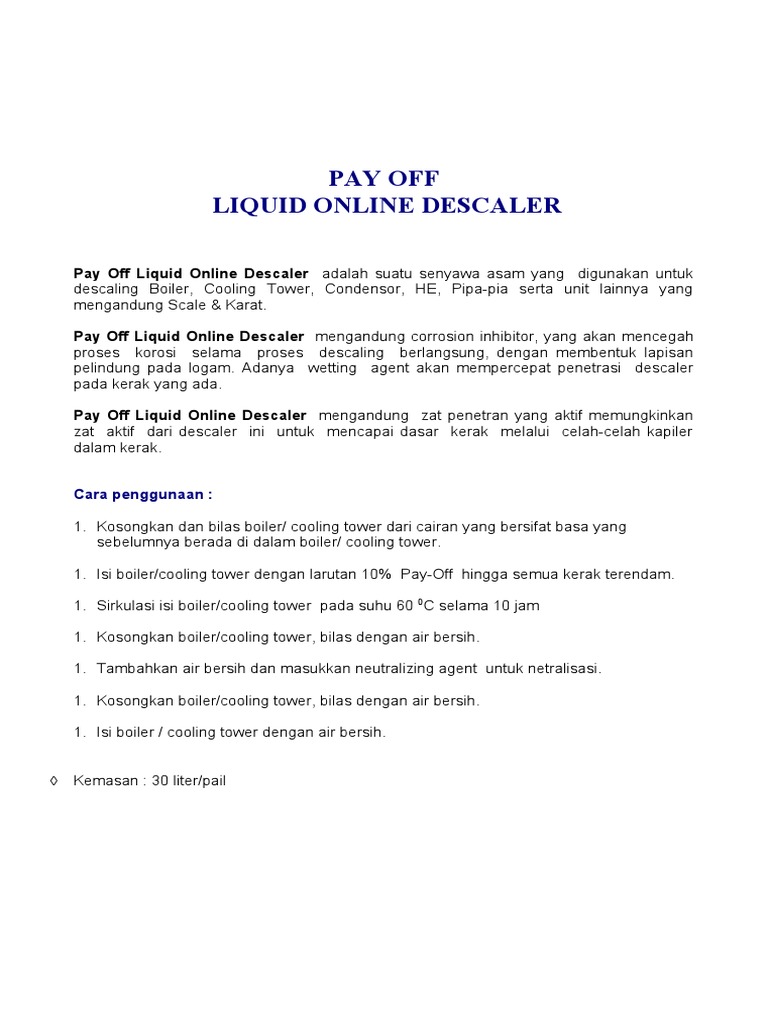 Brosur Pay Off Liquid Online Descaler | PDF