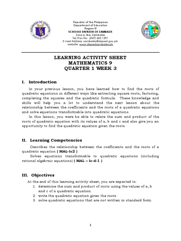 Grade 9 Math W3 LAS | PDF | Quadratic Equation | Equations