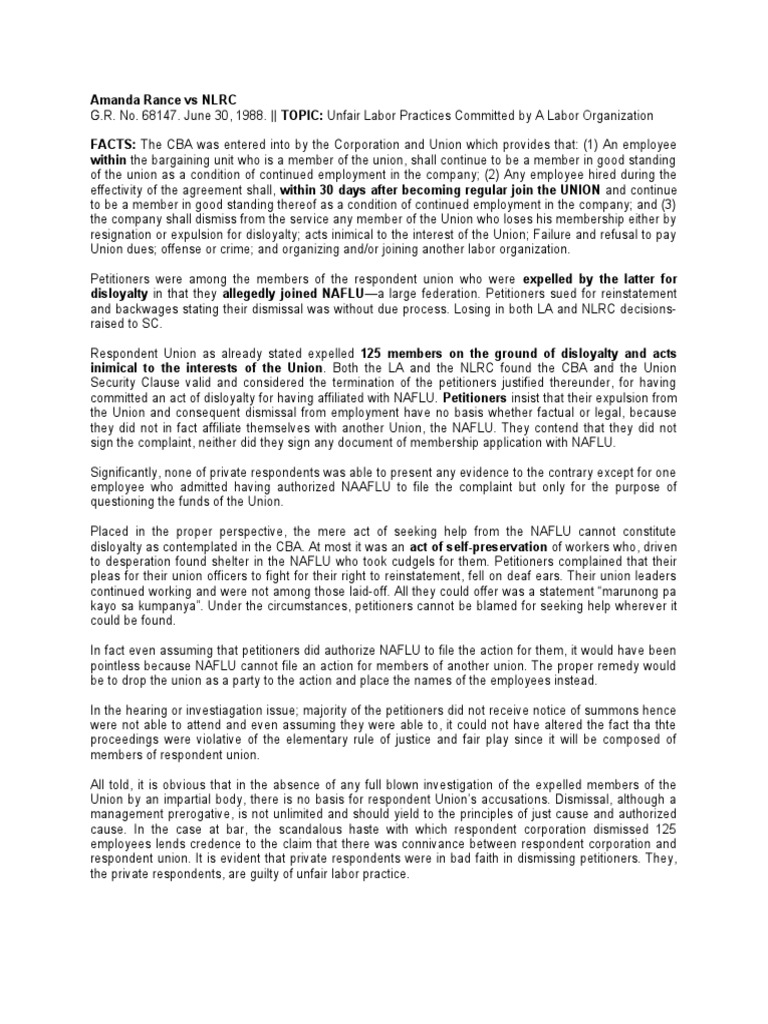 Amanda Rance Vs NLRC | PDF | Trade Union | Employment