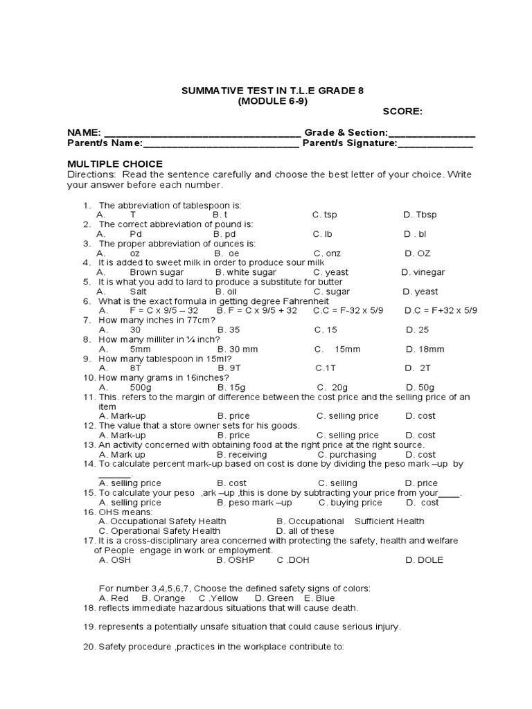 SUMMATIVE TEST GRADE 8 True | PDF | Occupational Safety And Health ...
