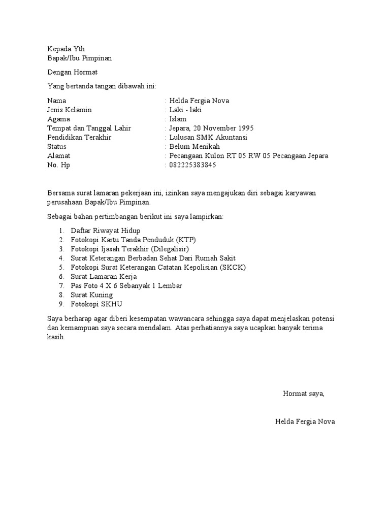 Surat Lamaran Kerja Helda Fergia | PDF | Kesehatan Holistik