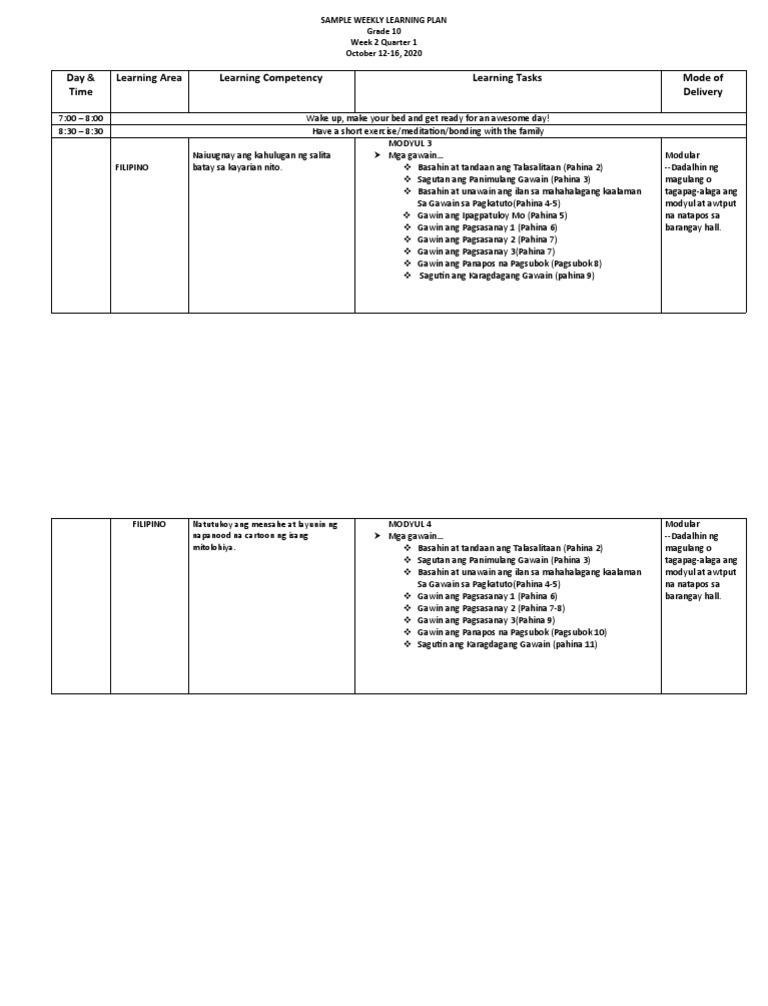 Weekly-Learning-Plan Filipino 10 | PDF