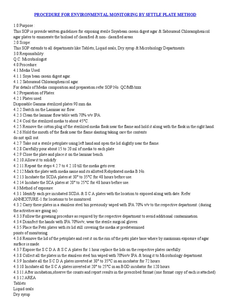 Procedure For Environmental Monitoring by Settle Plate Method | PDF ...