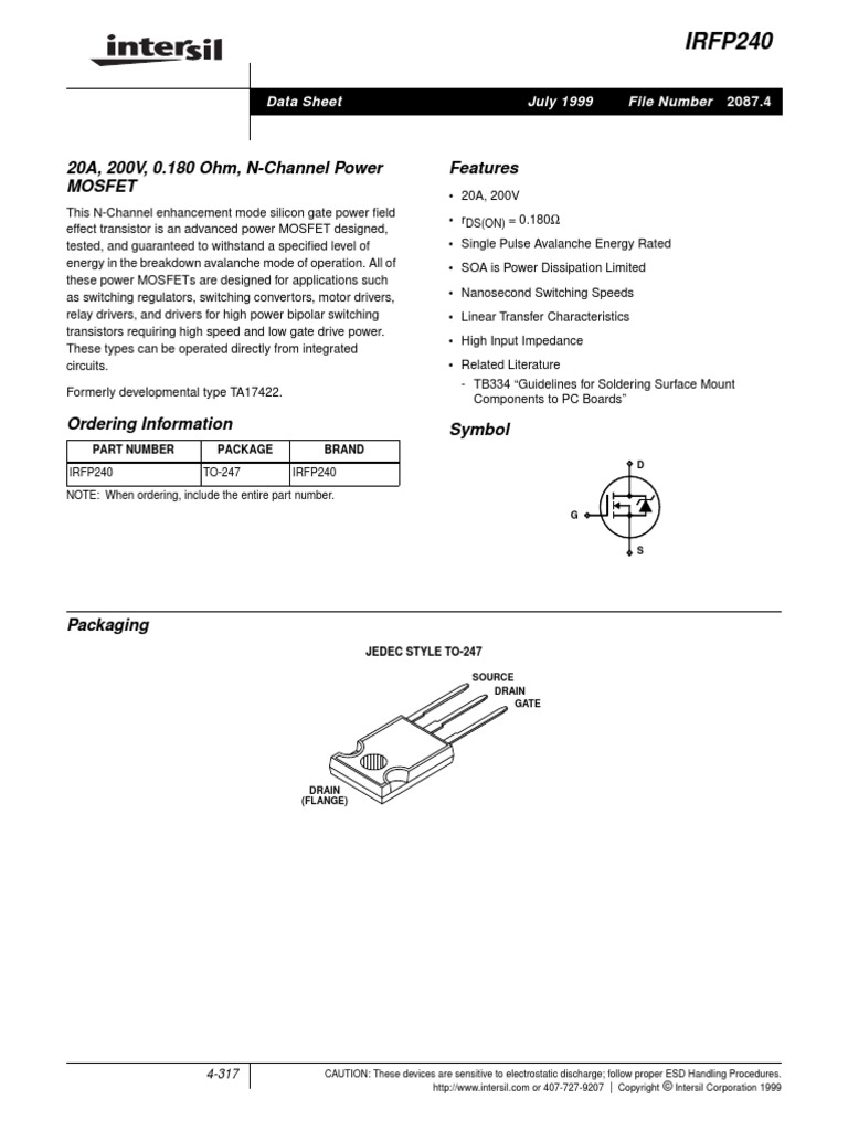 Datasheet For Irfp240 | PDF | Field Effect Transistor | Mosfet