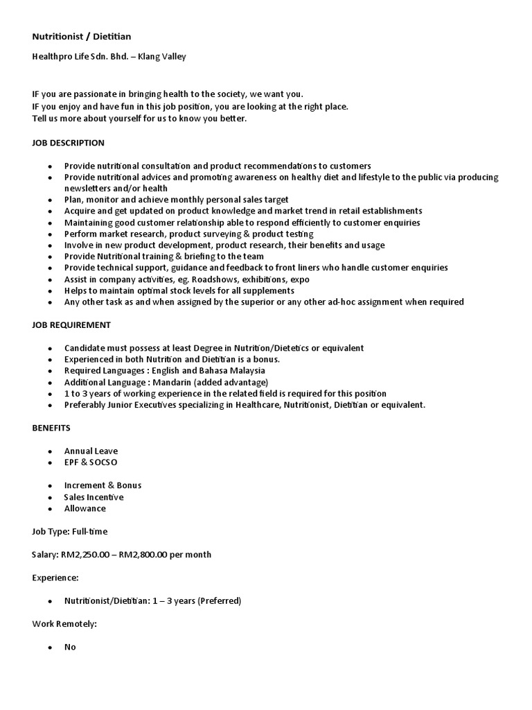 Nutritionist Dietitian Job Street | PDF