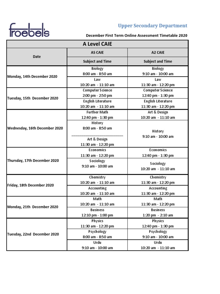 A Level CAIE Online Assessment Timetable December 2020 | PDF | Academia ...