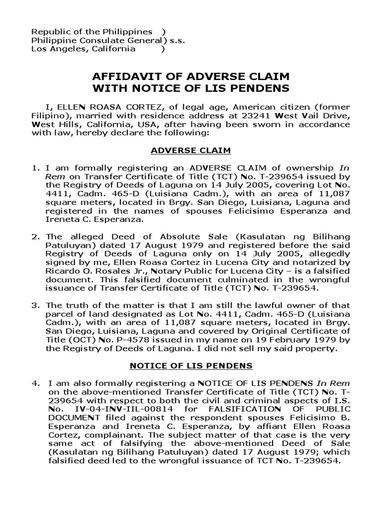 Adverse Claim With Notice of Lis Pendens | PDF | Affidavit | Common Law