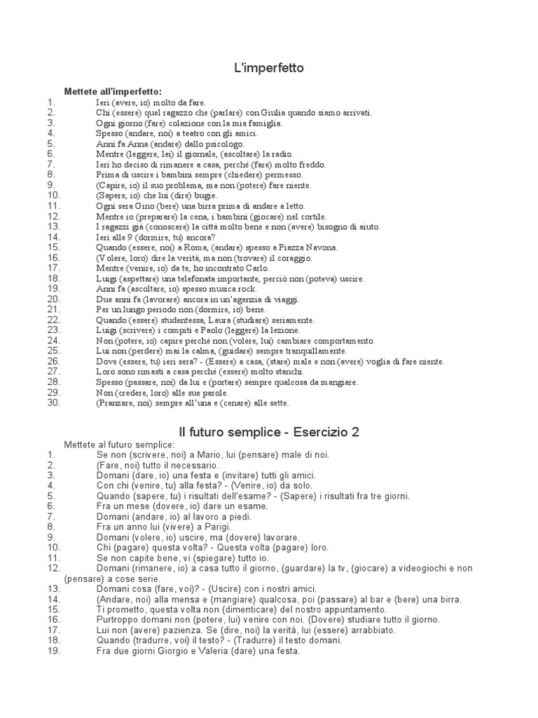 Esercizi Imperfetto | PDF