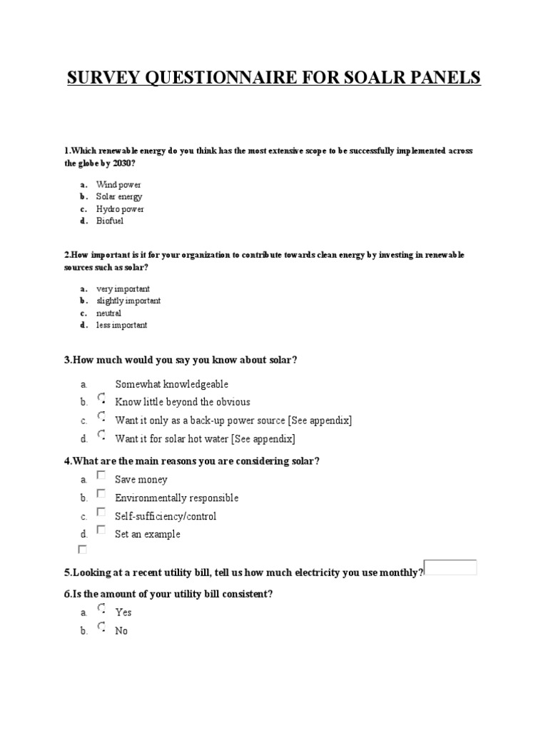Survey Questionnaire For Soalr Panels: Hydro Power | PDF
