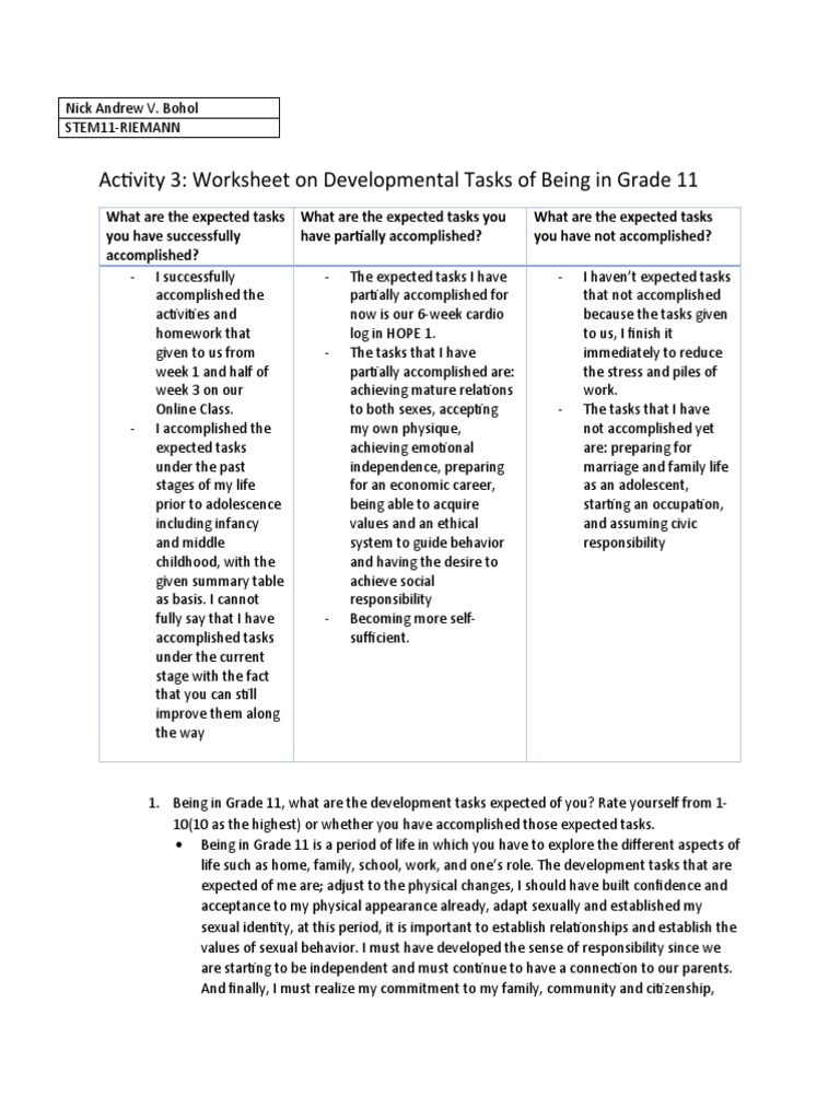Activity 3: Worksheet On Developmental Tasks of Being in Grade 11 | PDF ...