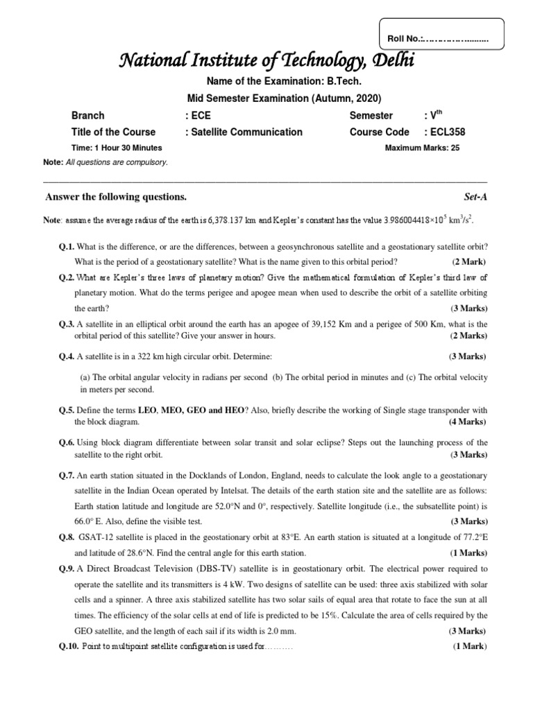Set - A - ECL358 - Midsem - QUESTION - PAPER - FORMAT - DK - Jhariya | PDF | Satellite | Orbit