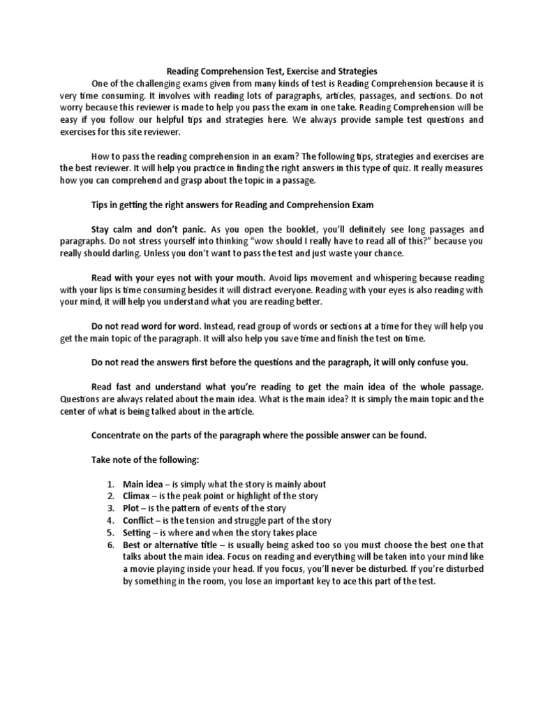 5) Reading Comprehension Test Reminders | PDF | Reading Comprehension ...