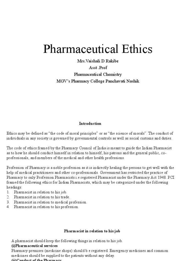 Pharmaceutical Ethics: Mrs - Vaishali D Rakibe Asst .Prof ...