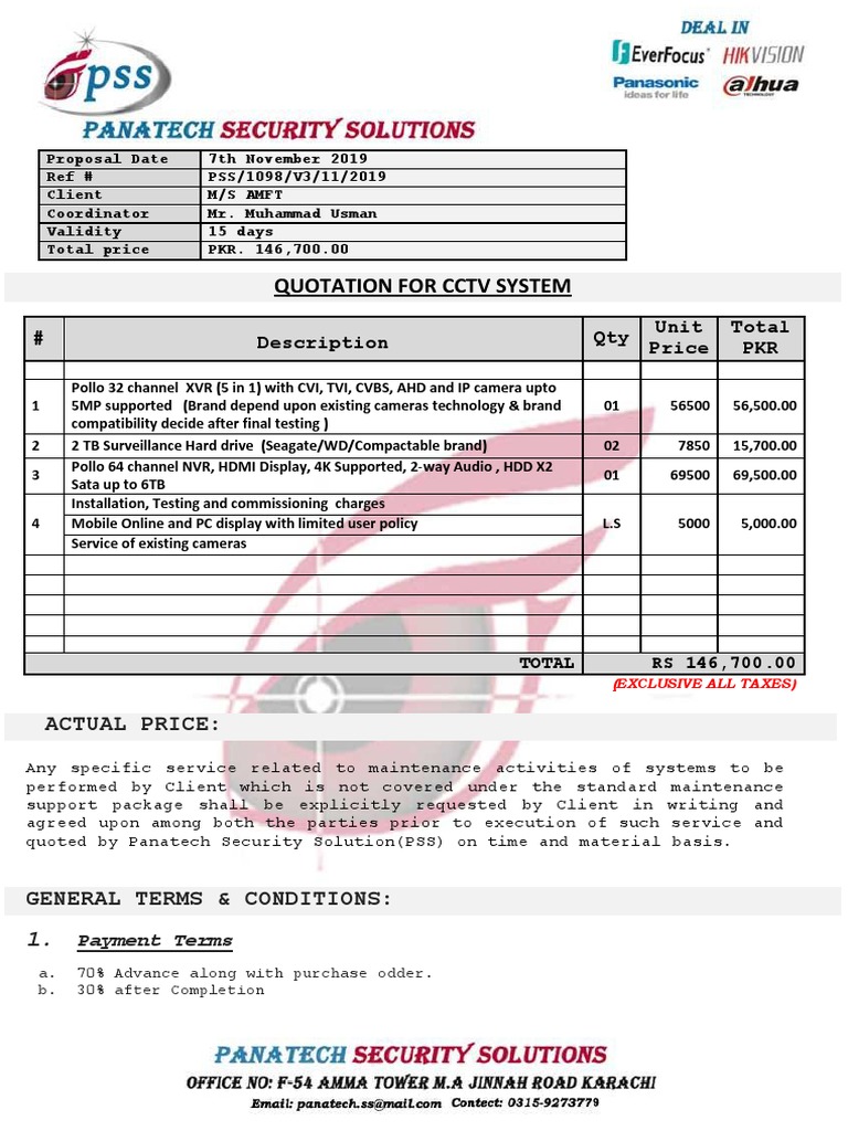 Quotation For CCTV System: # Description Qty Unit Price Total PKR | PDF ...