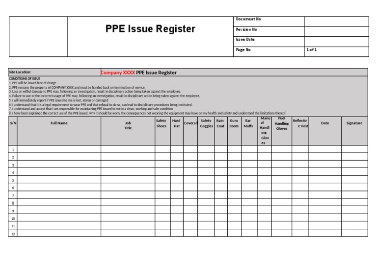 PPE Issue Register: Company XXXX | PDF | Personal Protective Equipment ...