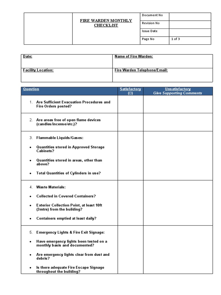 Monthly Fire Warden Checklist | PDF | Firefighting | Fires