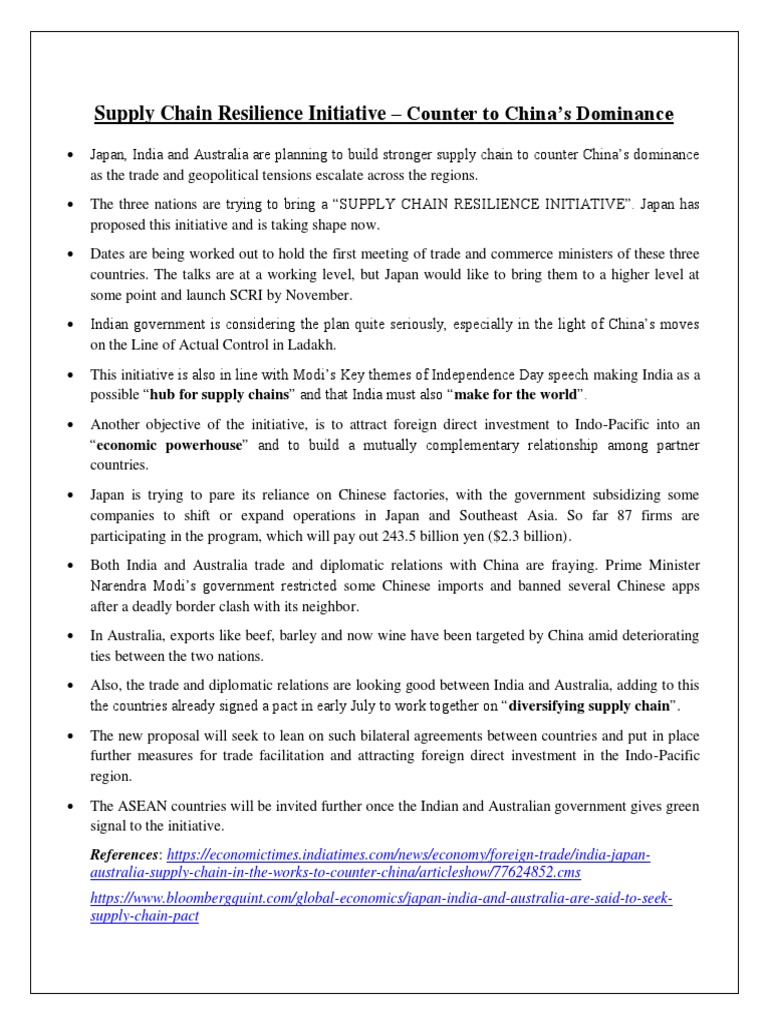 Supply Chain Resilience Initiative | PDF | China | World Politics