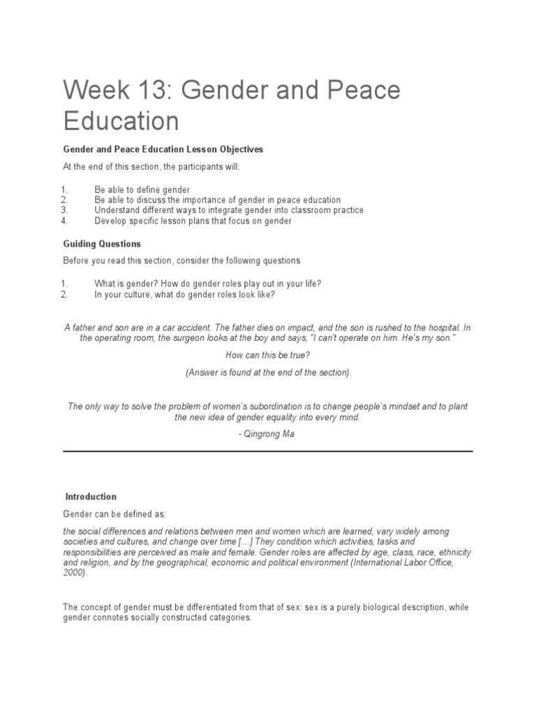Gender and Peace Education Lesson Objectives | PDF | Gender | Gender ...