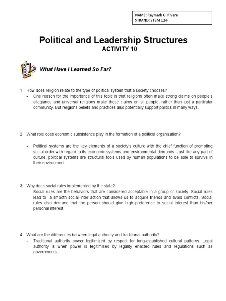Political and Leadership Structures: Activity 10 | PDF