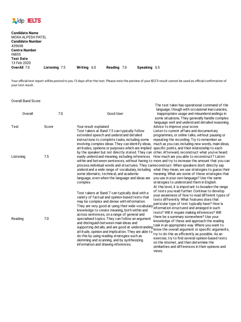 Candidate Name Candidate Number Centre Number Test Date Overall 7.0 ...