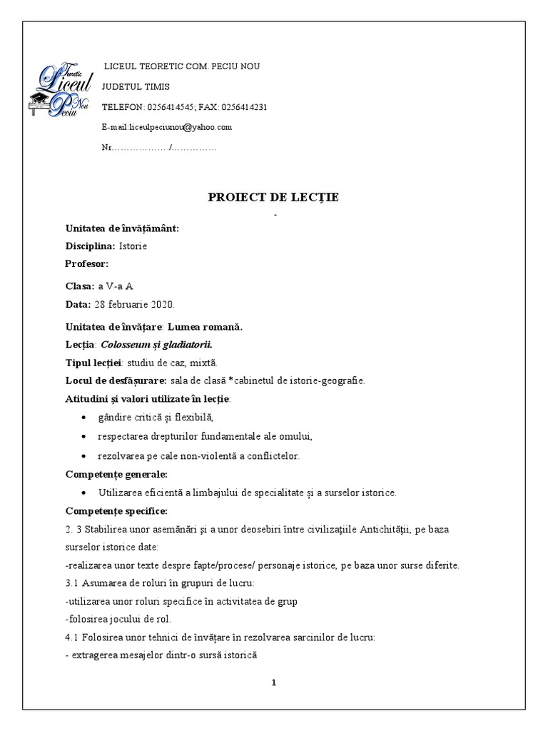Proiect de Lectie Clasa 5 | PDF