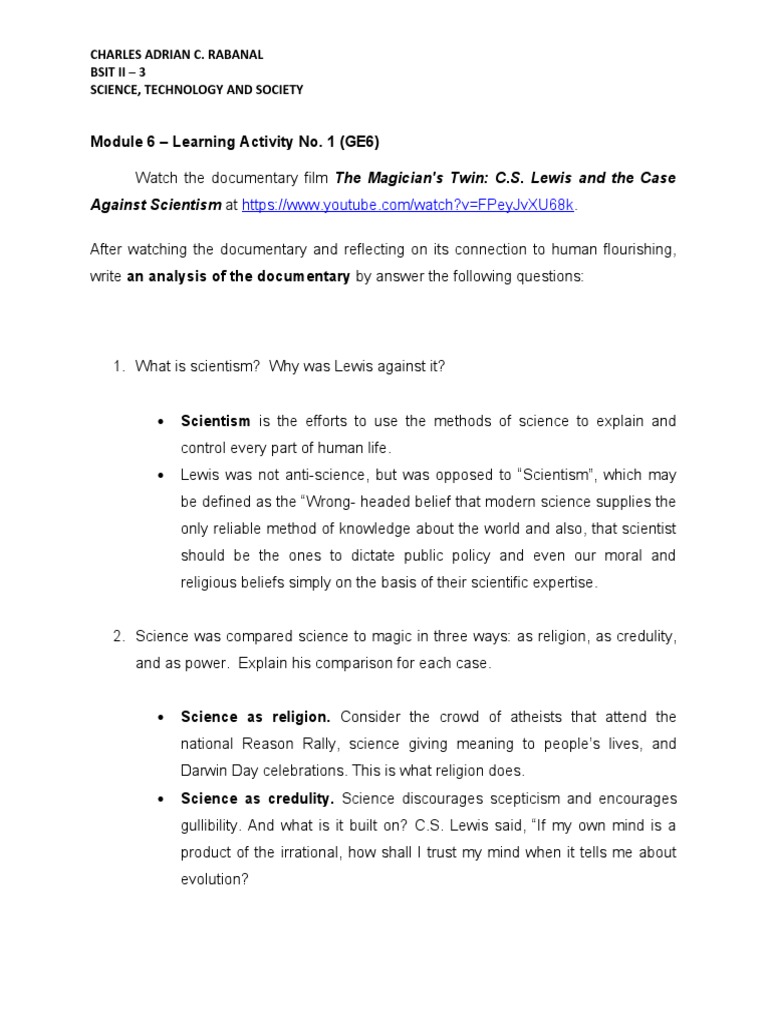 Module 6 - Learning Activity No. 1 (GE6) : Against Scientism at | PDF | Science | Human