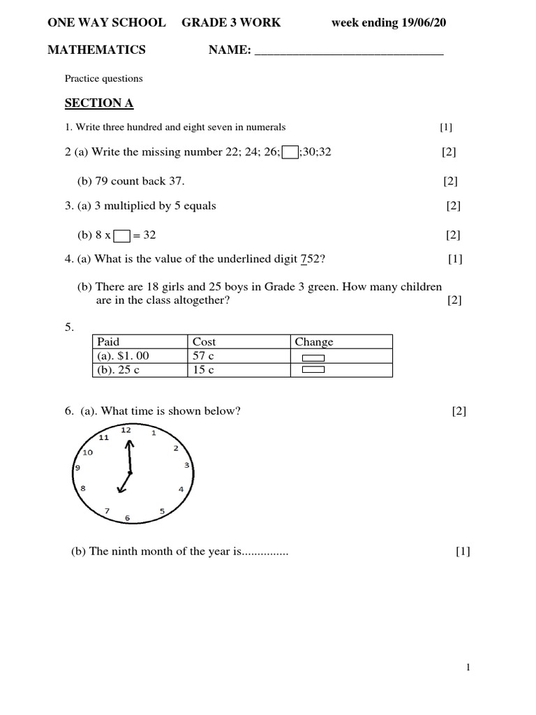 One Way School Grade 3 Work Week Ending 19/06/20 MATHEMATICS NAME | PDF