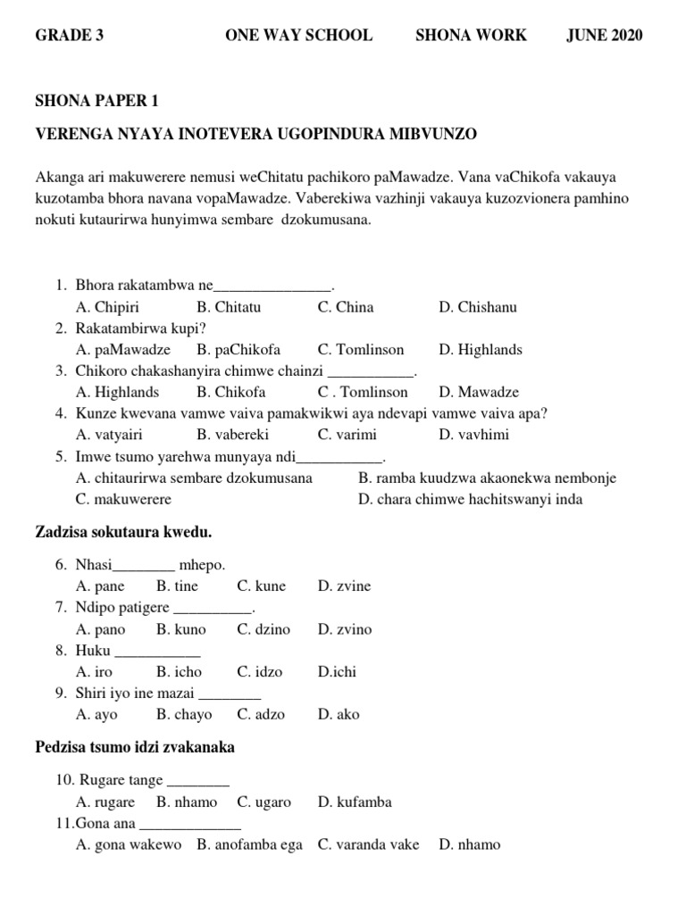 Grade 3 One Way School Shona Work June 2020 | PDF