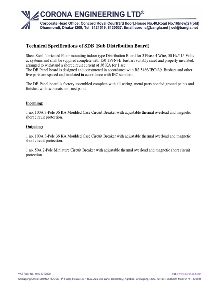 Technical Specifications of SDB (Sub Distribution Board) : Incoming | PDF