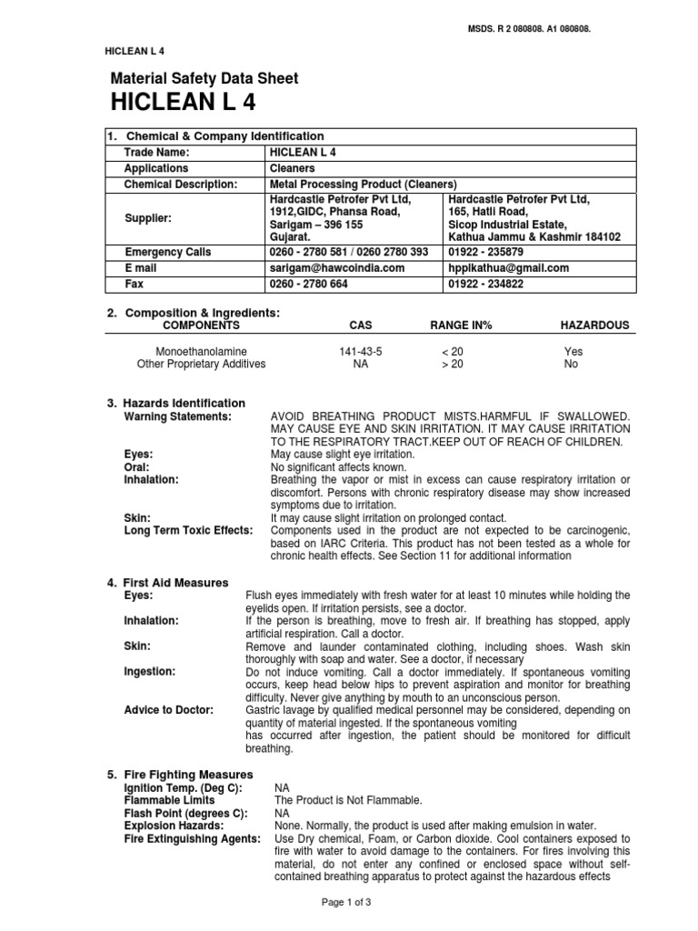 Hiclean L 4: Material Safety Data Sheet | PDF | Dangerous Goods | Water