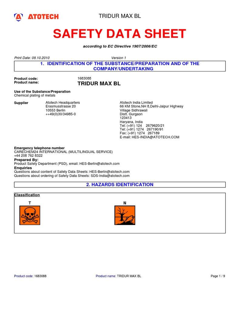 Safety Data Sheet: Tridur Max BL | PDF | Fluoride | Magnesium