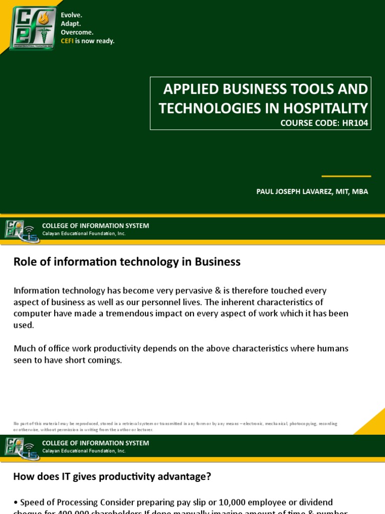 Applied Business Tools and Technologies in Hospitality: Course Code ...