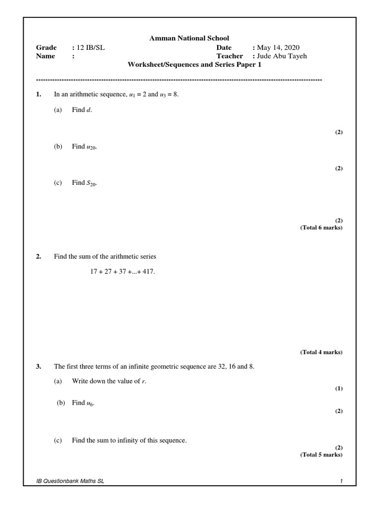 Amman National School Grade 12 IB/SL Worksheet on Sequences and Series ...