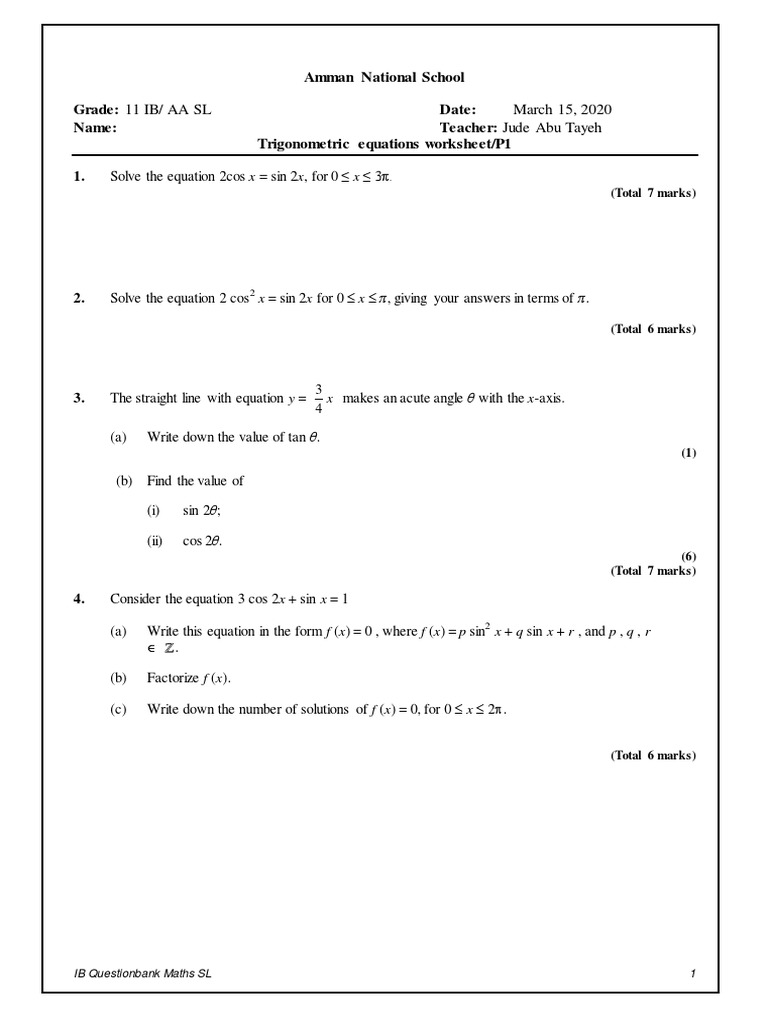 Amman National School Grade: 11 IB/ AA SL Date: Name: Teacher: Jude Abu ...