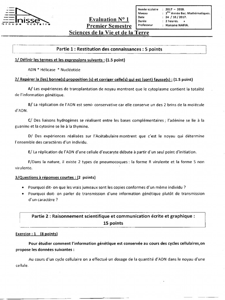 Devoir 1 Modele 2 SVT 1er Bac SM Semestre 1 PDF | PDF