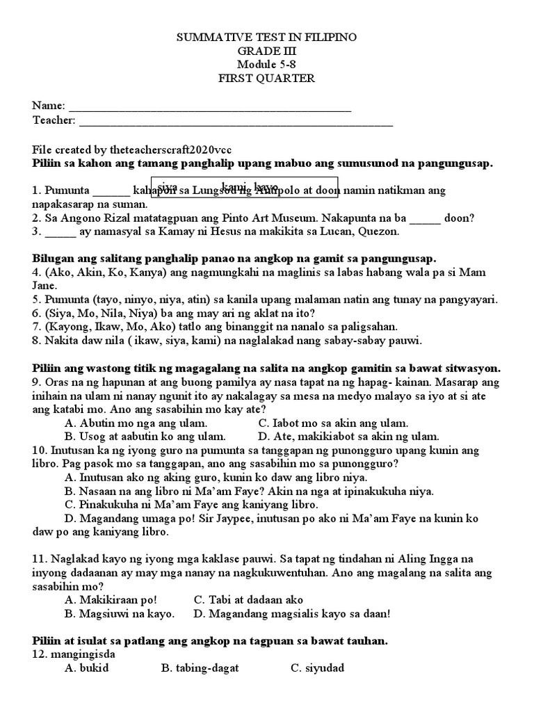 Summative Test in Filipino | PDF