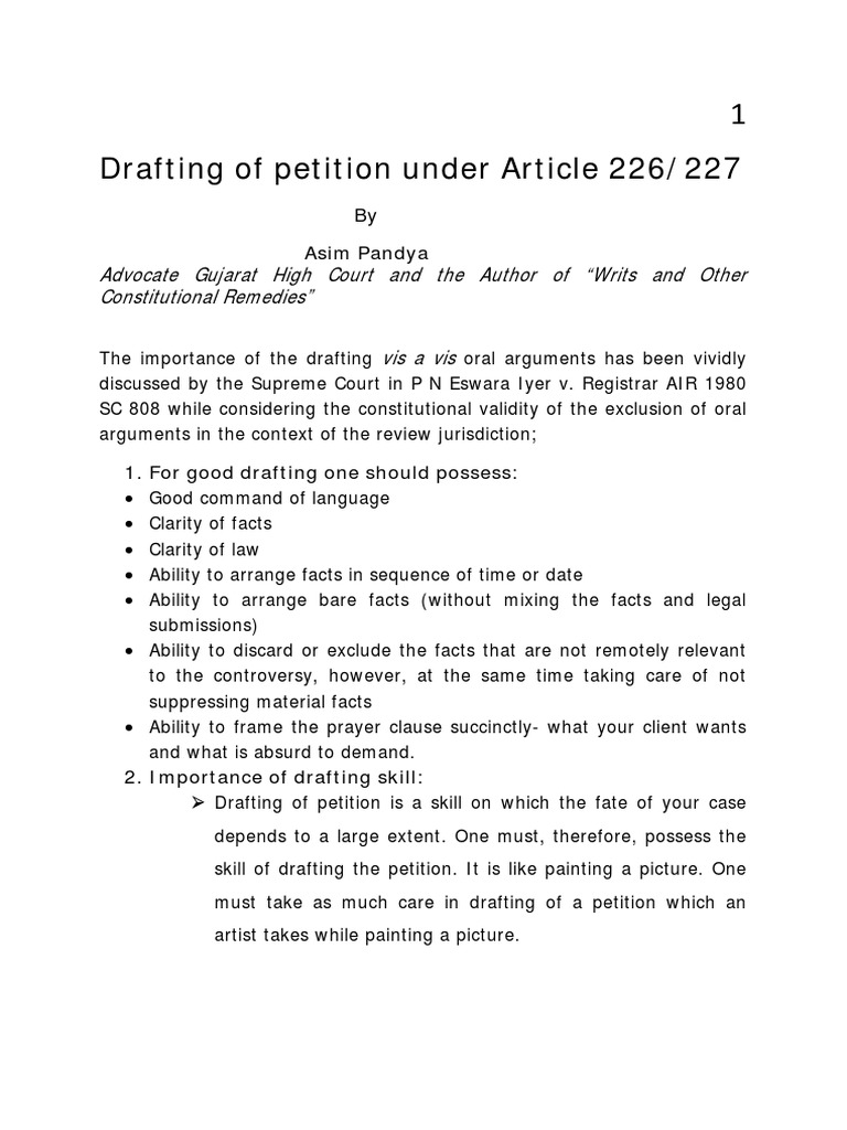 Drafting of Petition Under Article 226 or 227 | PDF | Jurisdiction | Pleading