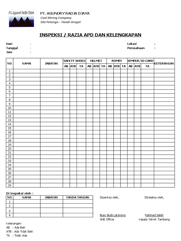 Form Inspeksi APD XLSX | PDF