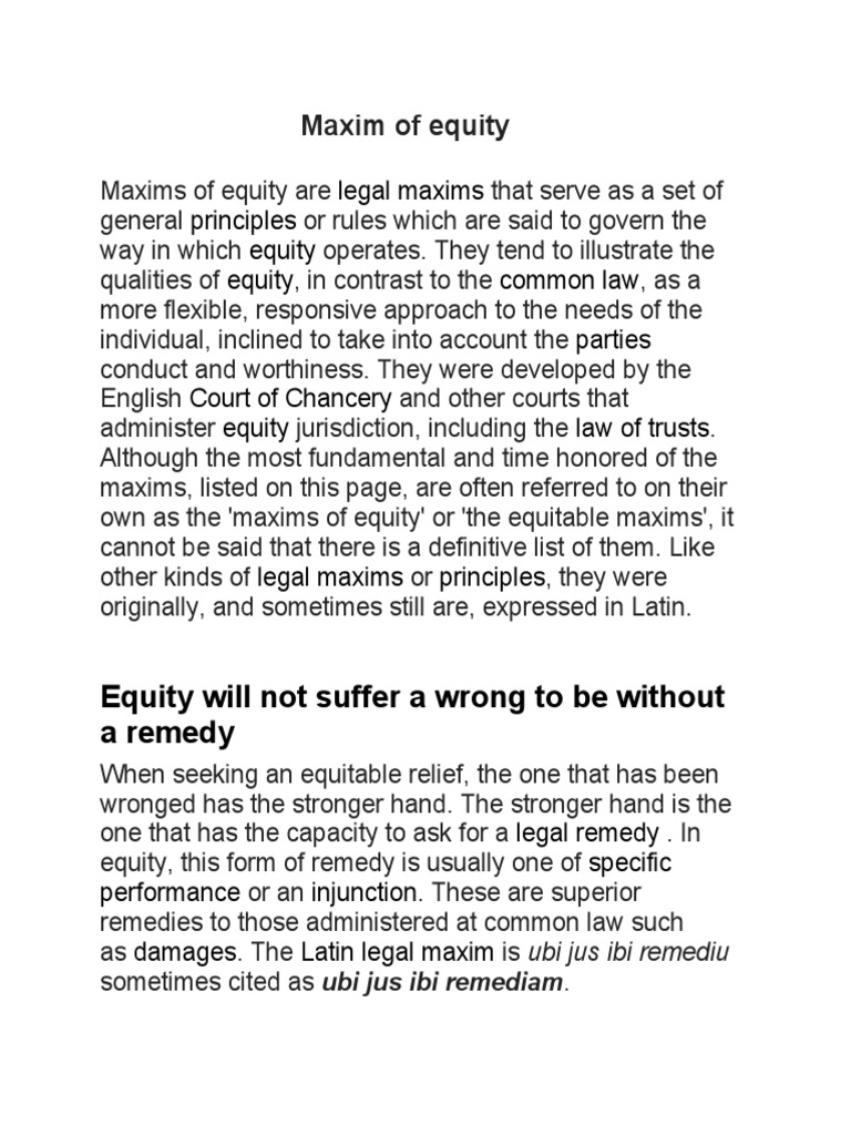 Maxims of Equity | PDF | Equity (Law) | Legal Remedy